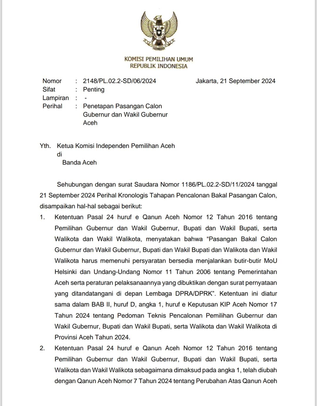 Surat KPU RI ke KIP Aceh: Penandatanganan di Depan Lembaga DPRA Tidak ...